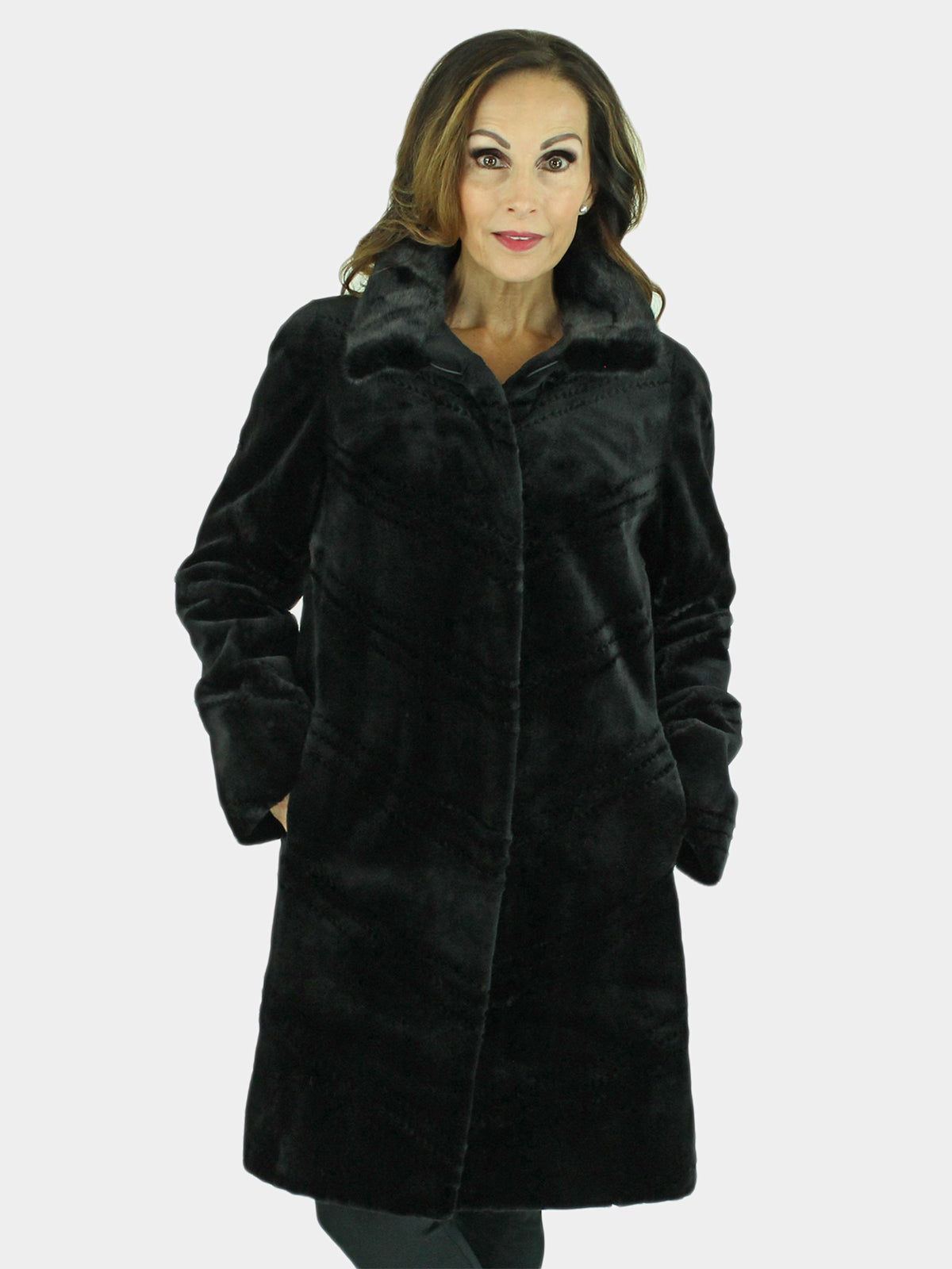 Woman's Black Sheared Mink Fur Reversible Stroller with Diagonal Laser