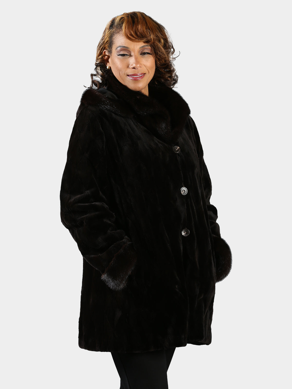 Woman's Dark Brown Sheared Mink Fur Jacket with Detachable Hood and Re