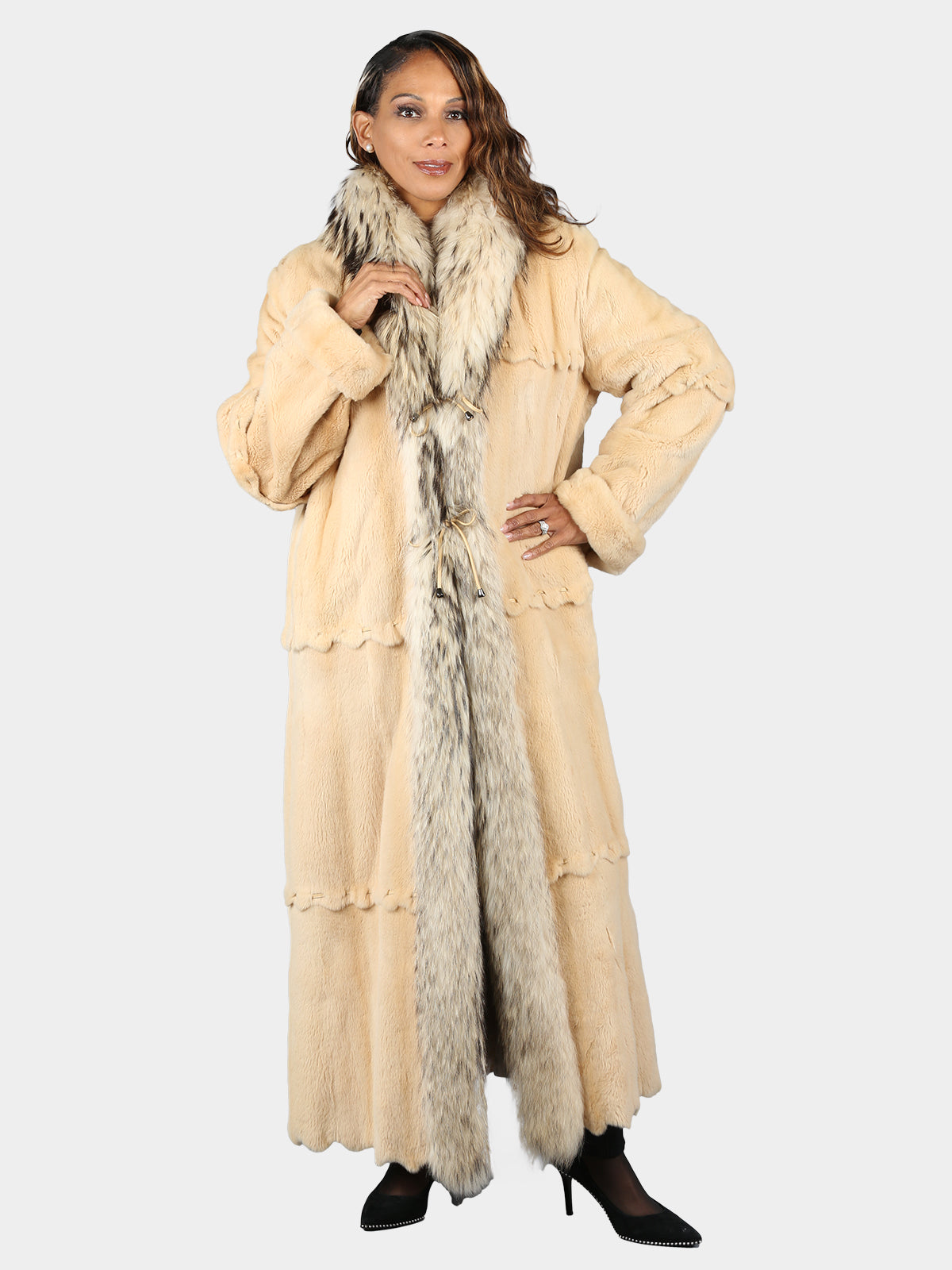 Woman's Light Gold Dyed Sheared Mink Fur Coat with Finn Raccoon Tuxedo