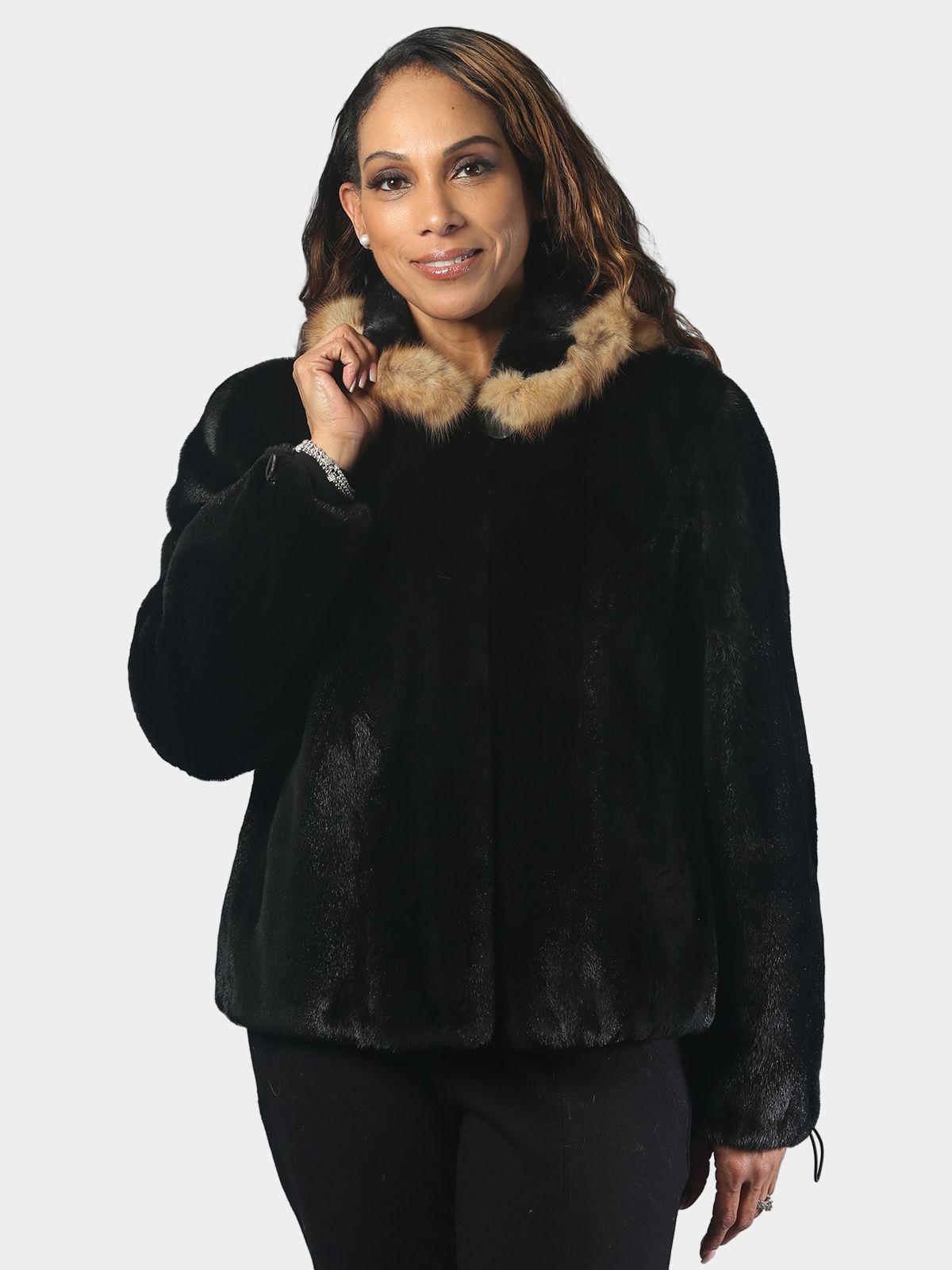 Woman's Natural Ranch Semi Sheared Female Mink Fur Parka with Sable Tr