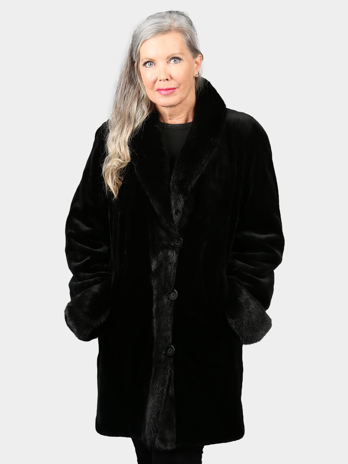 Woman's Dyed Black Sheared Mink Fur Stroller Reversible to Black Rain