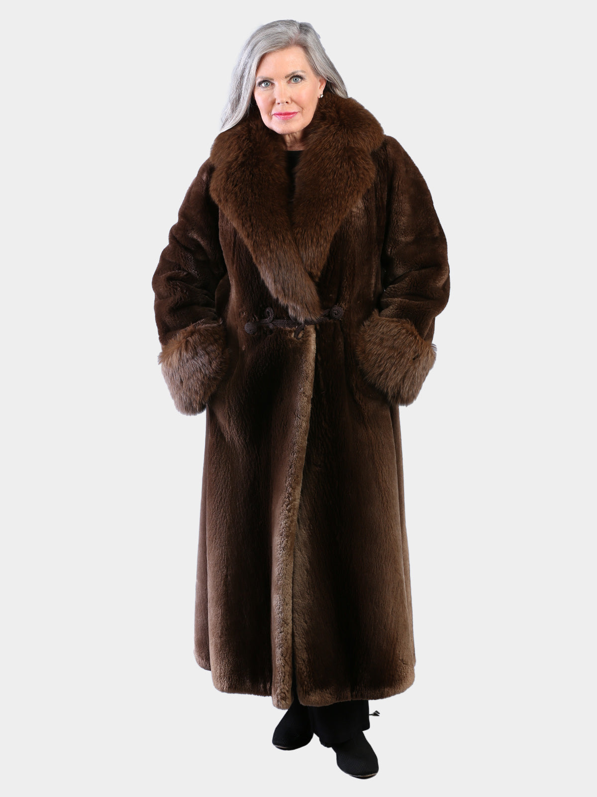 Woman's Natural Phantom Sheared Beaver Fur Coat with Fox Trim by Oscar