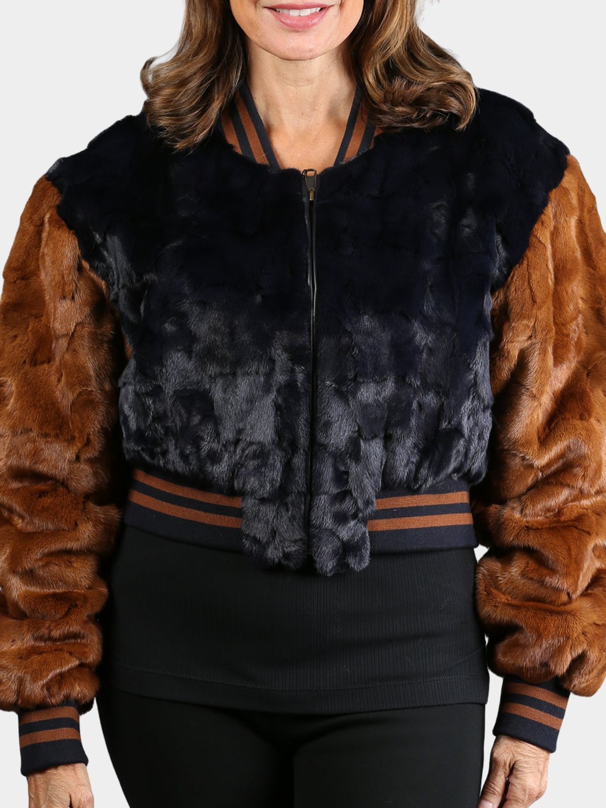 Women's Navy & Whiskey Mink Section Fur Jacket