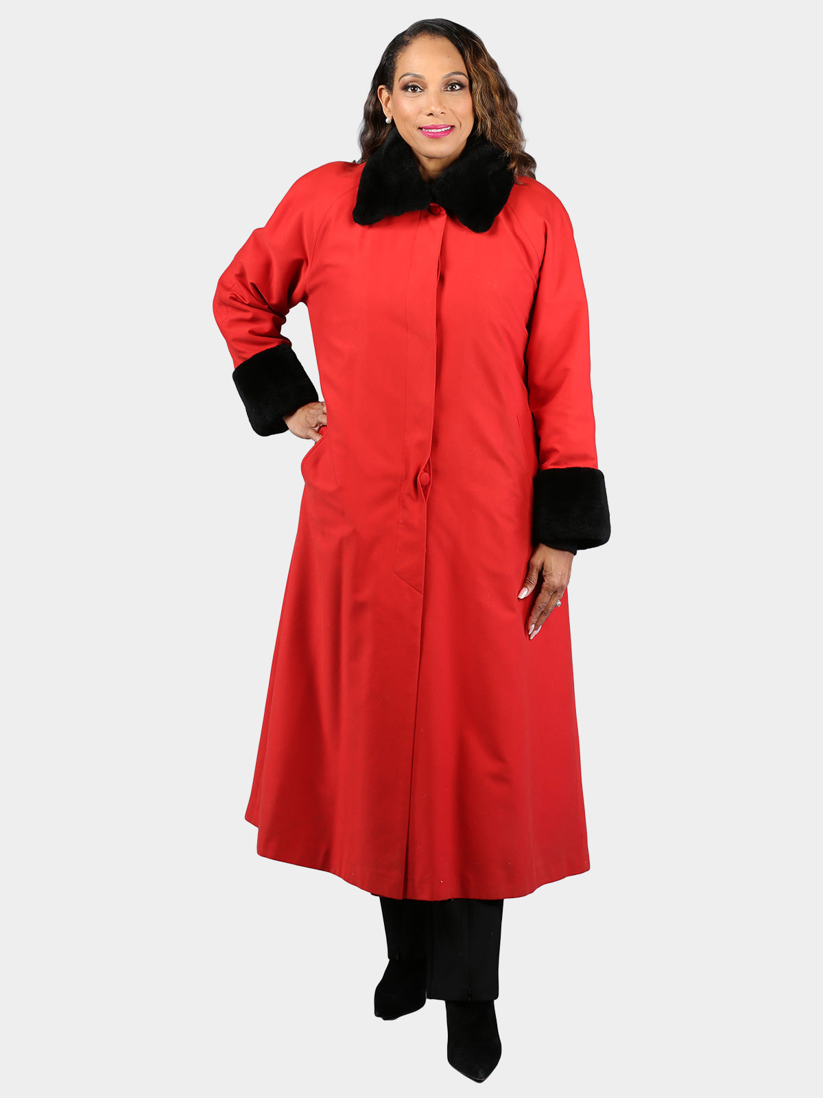 Woman's Red Rain Fabric Coat with Black Sheared Nutria Fur Trim and Bu