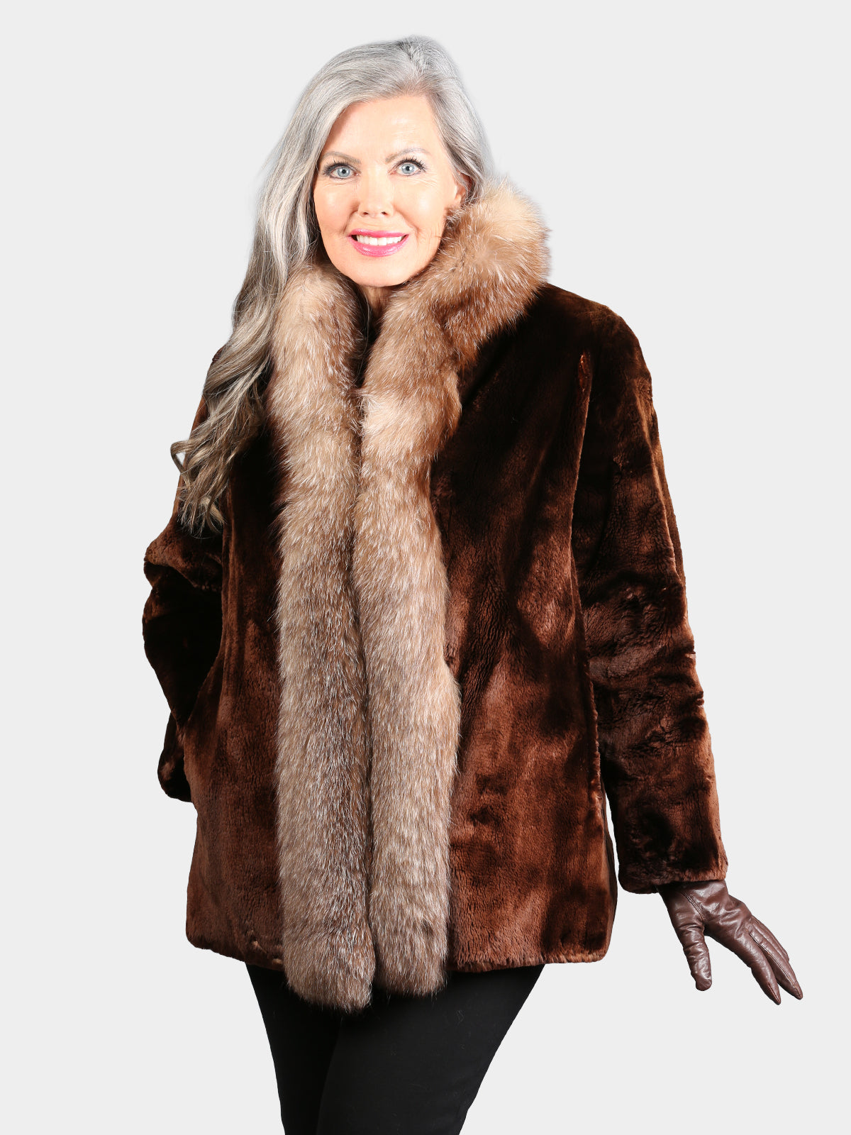 Woman's Dyed Brown Vintage Seal Fur Jacket with Crystal Fox Tuxedo Fro