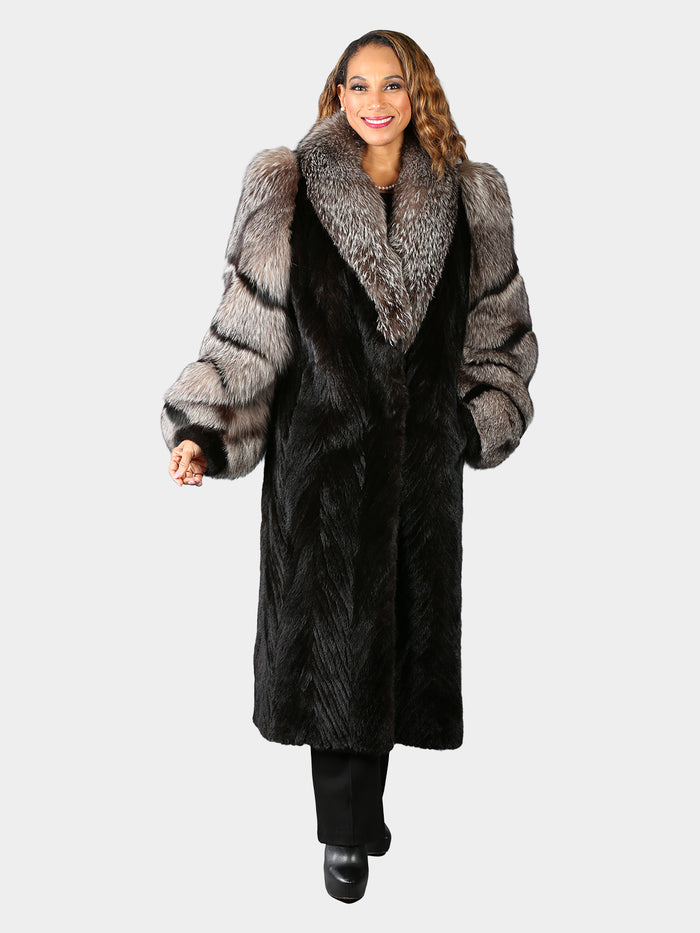 Woman's Dyed Black Mink Tails Fur Coat with Indigo Fox Collar and Slee
